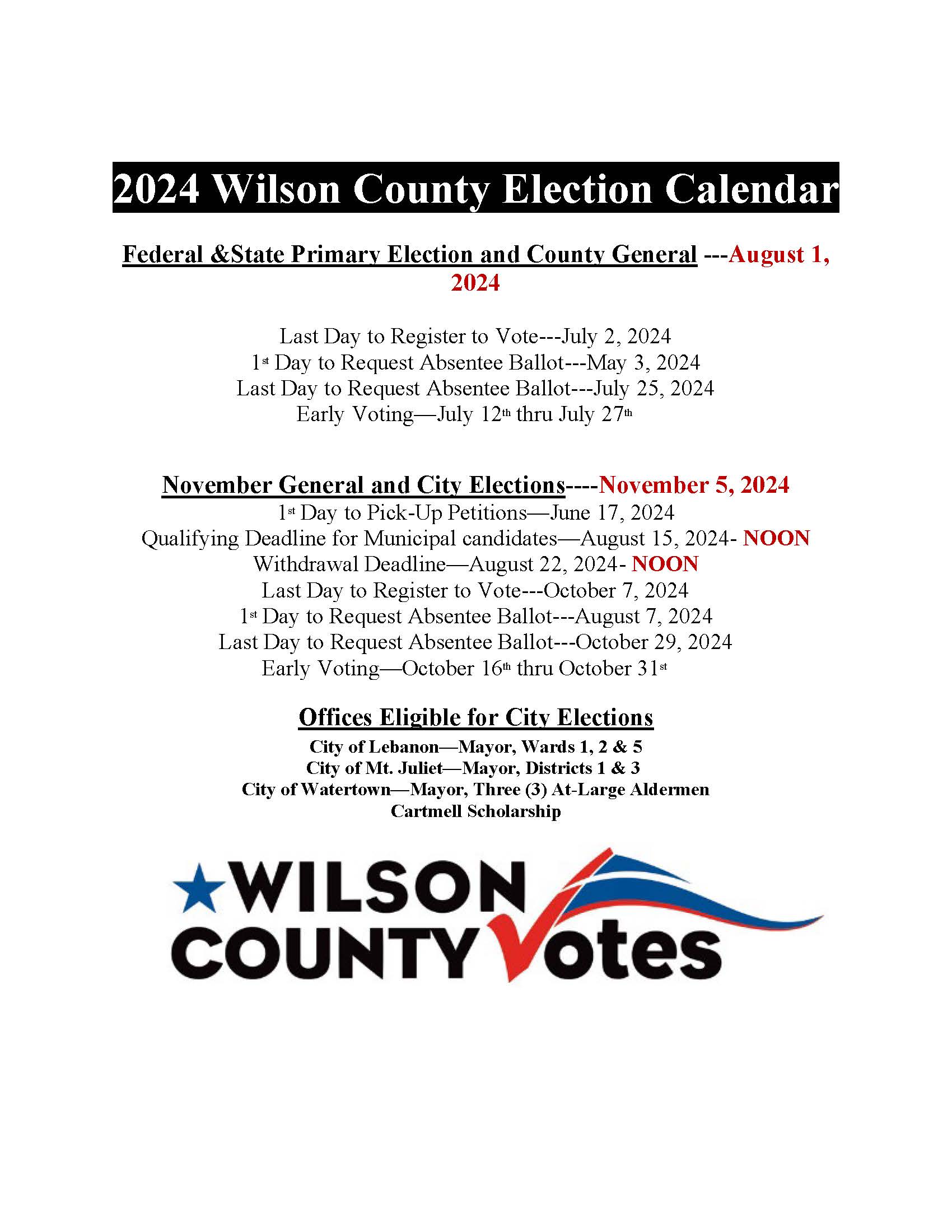 2024 Wilson County Election Calendar – Tyler Cates American Legion Post 281